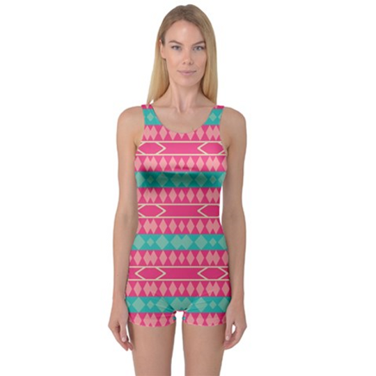 Pink Blue Rhombus Pattern Women's Boyleg One Piece Swimsuit