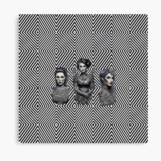 Triptych Tattoo Design Featuring Women With Cube Illusion Background Canvas
