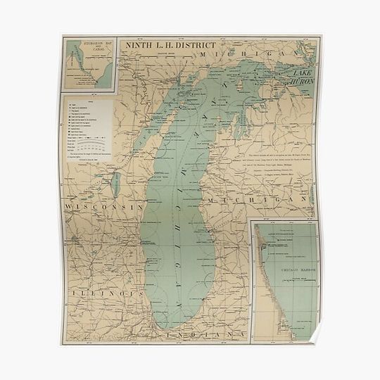 Vintage Lake Michigan Lighthouse Map (1898) Premium Matte Vertical Poster
