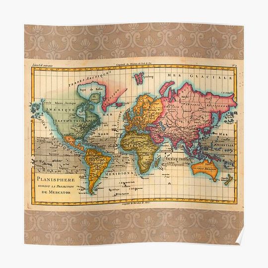 World Map 1700s Antique Vintage Hemisphere Continents Geography Premium ...