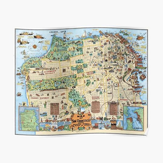 Humorous Map Of San Francisco, California, With Its Bay, Streets And ...