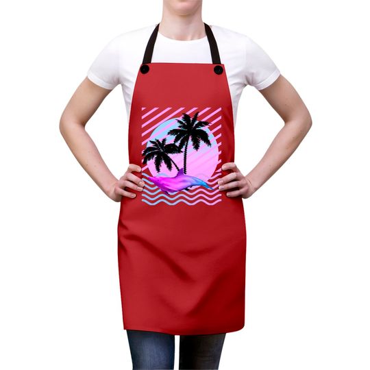 Palm Tree And Vaporwave Dolphin In Aesthetic 80s Glitch Art Pullover Aprons