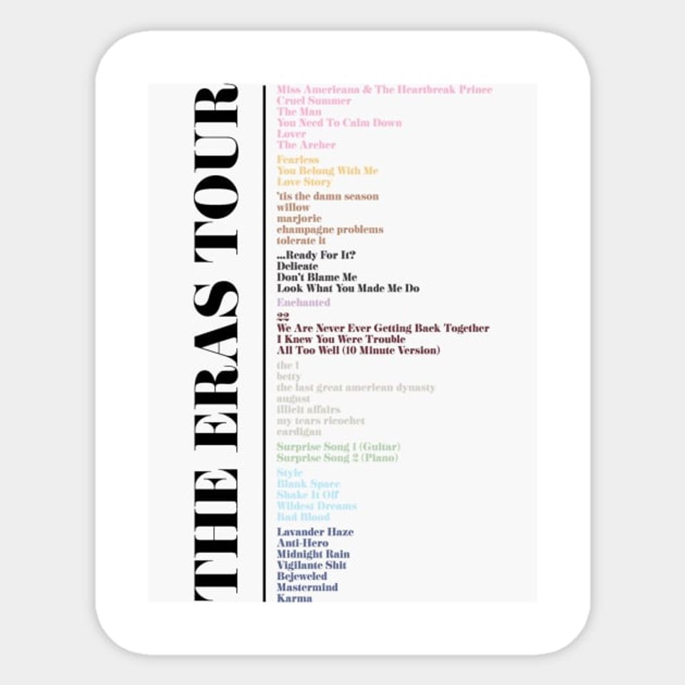 ERAS TOUR Setlist - Eras Tour - Sticker Designed & Sold By Vicious Murder